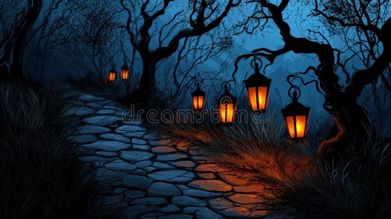Mysterious Path with Glowing Lanterns in a Dark Eerie Forest Setting ...