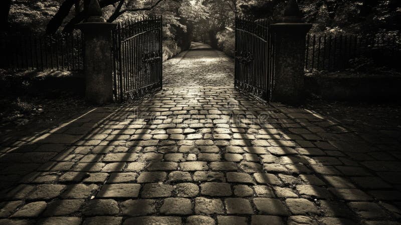 Mysterious Path Leading through a Dark Garden Gate Stock Illustration ...