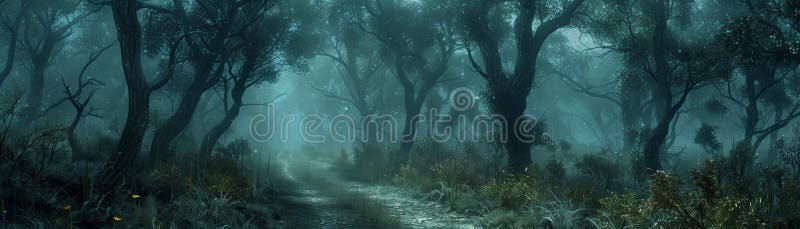 Mysterious Path through a Misty, Enchanted Forest Stock Illustration ...