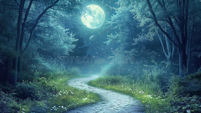 A Mysterious Path in a Moonlit Forest.. Stock Photo - Image of light ...