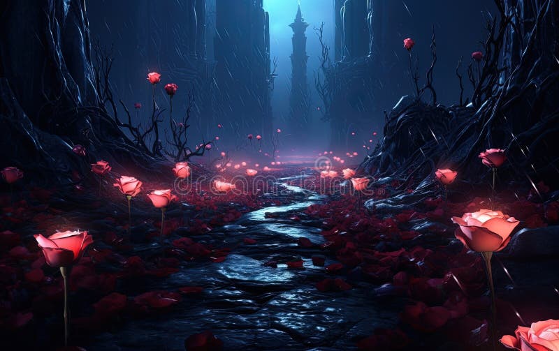 Mysterious Path of Roses and Dark Castle Stock Illustration ...