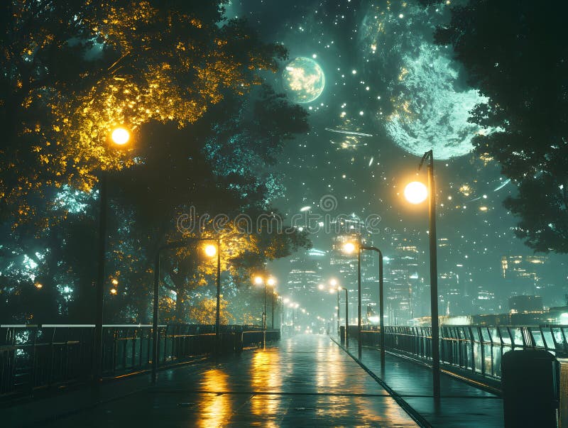 Mysterious Pathway with Glowing Streetlights at Night Stock ...