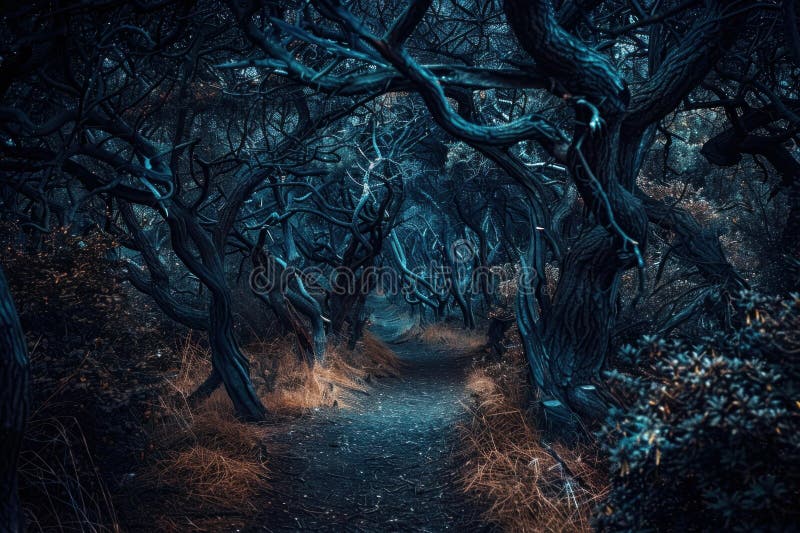 Mysterious Pathway Winding through a Dark Forest Under a Twilight Blue ...