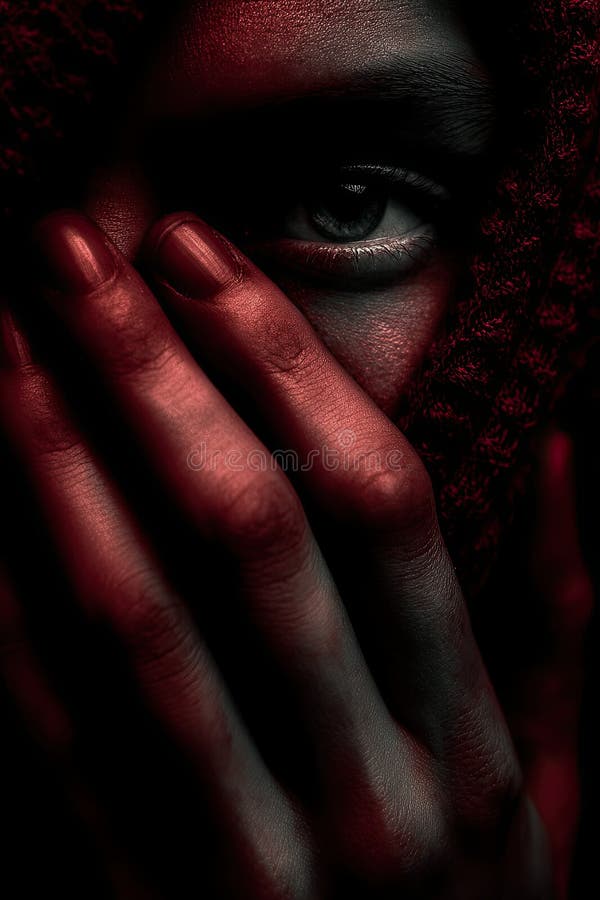 Mysterious Person Covers Half Their Face with Hand, Dramatic Red ...