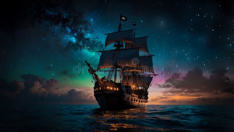 A Mysterious Pirate Ship Sailing Under the Starry Night Sky. AI ...