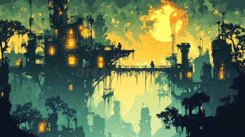Mysterious Pixel Art Fantasy City at Sunset Stock Illustration ...