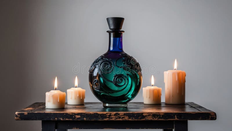 Mysterious Potion Bottle on Wooden Table with Candles. Stock Image ...