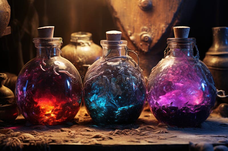Mysterious Potion Bottles with Bubbling Liquids Stock Illustration - Illustration of science ...