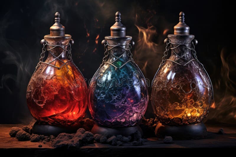 Mysterious Potion Bottles with Bubbling Liquids Stock Illustration ...