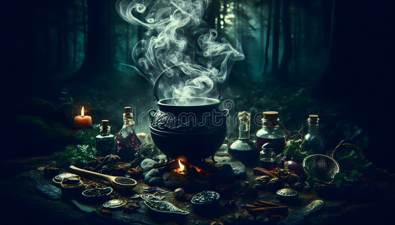 Mysterious Potion Brewing in Enchanted Forest Stock Illustration ...