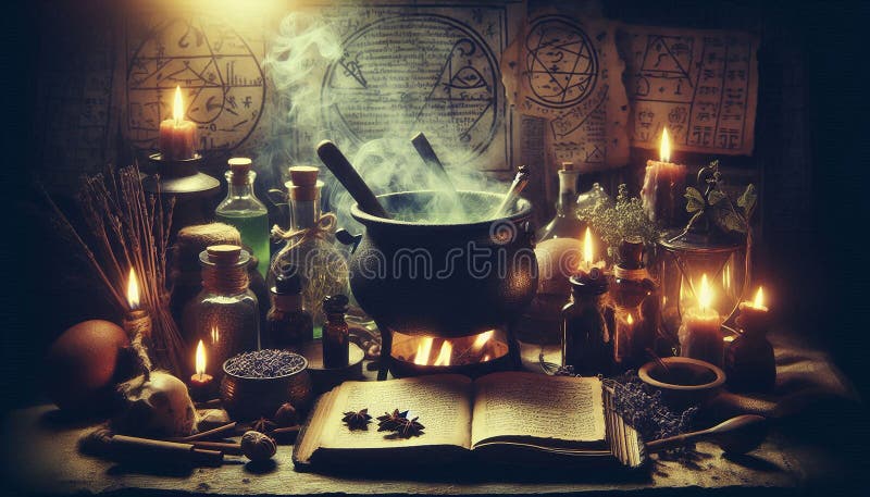 Mysterious Potion Brewing in Enchanted Setting Stock Illustration ...