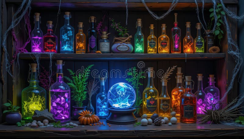 Mysterious Potion Shelf Filled with Colorful Bottles and Magical ...