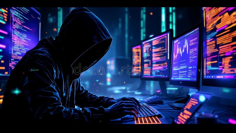 Mysterious Programmer Analyzing Data in a Dark, High-Tech Environment Surrounded by Monitors ...