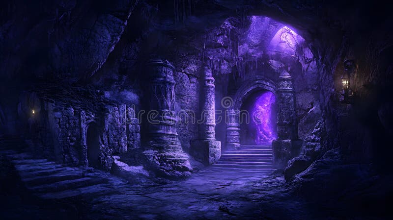 Mysterious Purple Cave with Ancient Ruins and Glowing Light Stock Image ...