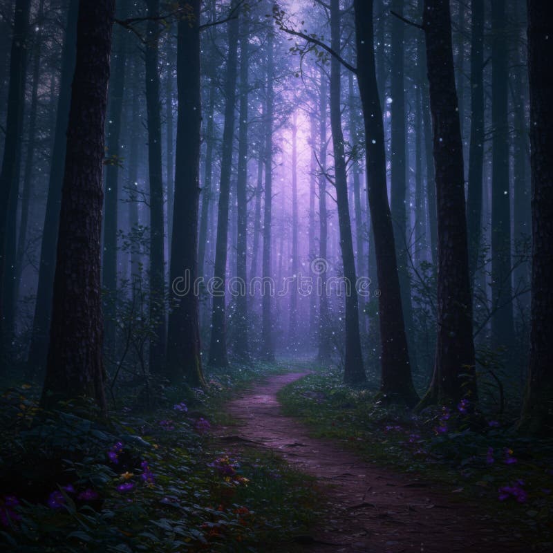 Mysterious Purple Forest Path at Twilight Stock Illustration ...