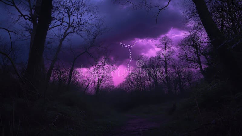 Dramatic Stormy Forest Scene Purple Lightning Dark Clouds Stock Photos ...
