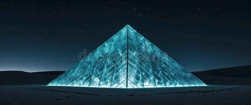 Mysterious Pyramid of Glass Glowing in the Desert Night. Stock Photo ...