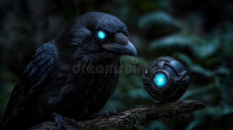 Mysterious Raven with Glowing Eyes and Futuristic Orb Stock ...