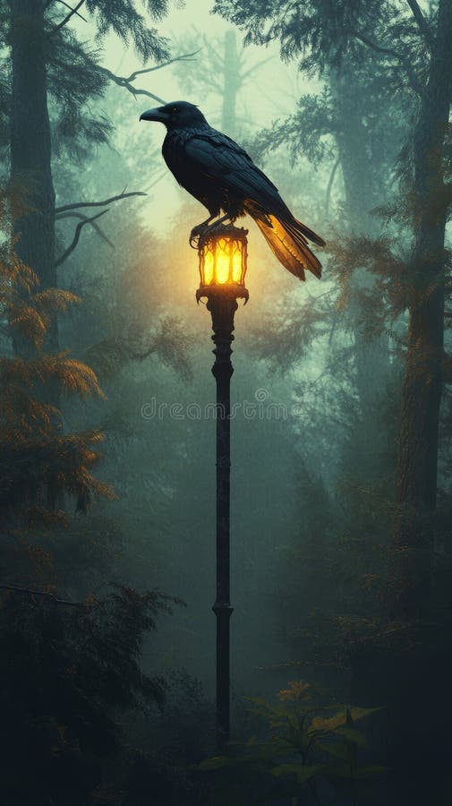 A Mysterious Raven Illuminates the Forest Under an Eerie Lantern Glow ...