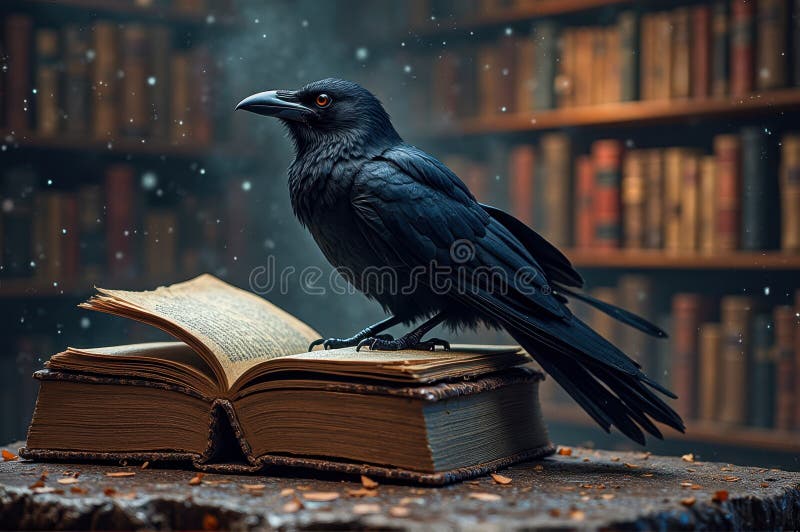 Mysterious Raven Perched on Ancient Book in Magical Library Stock Photo ...