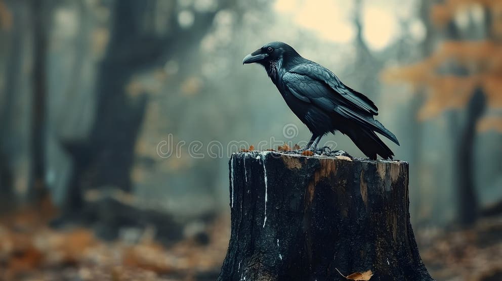 A Mysterious Raven Sitting on an Old Tree Stump Stock Illustration ...