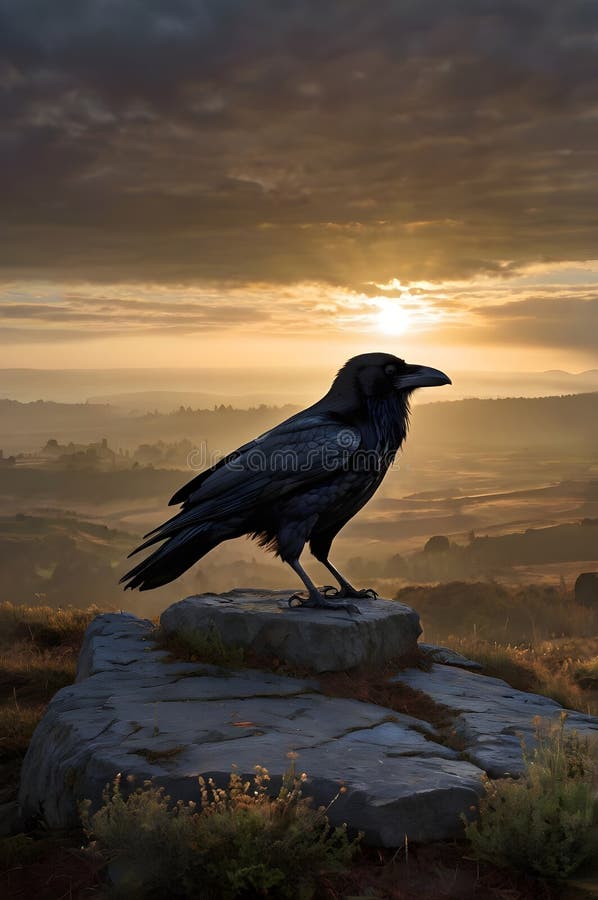 Mysterious Raven on Weathered Stone with Ancient Runes Stock ...