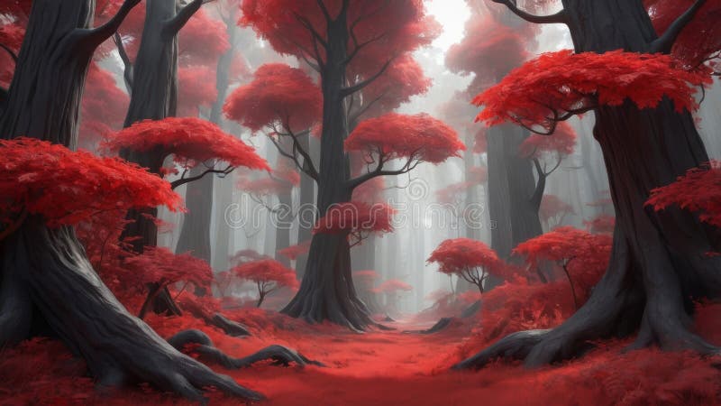A Mysterious Red Forest Path Stock Illustration - Illustration of ...