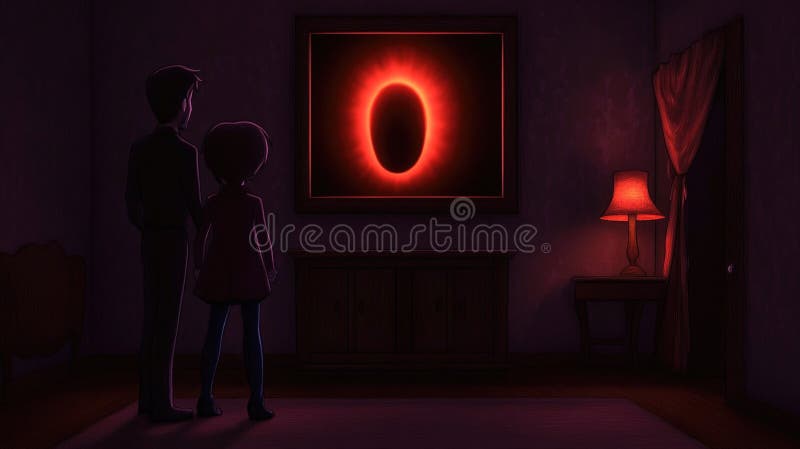 Mysterious Red Glow Shining in Dark Room with Two Silhouetted Figures ...