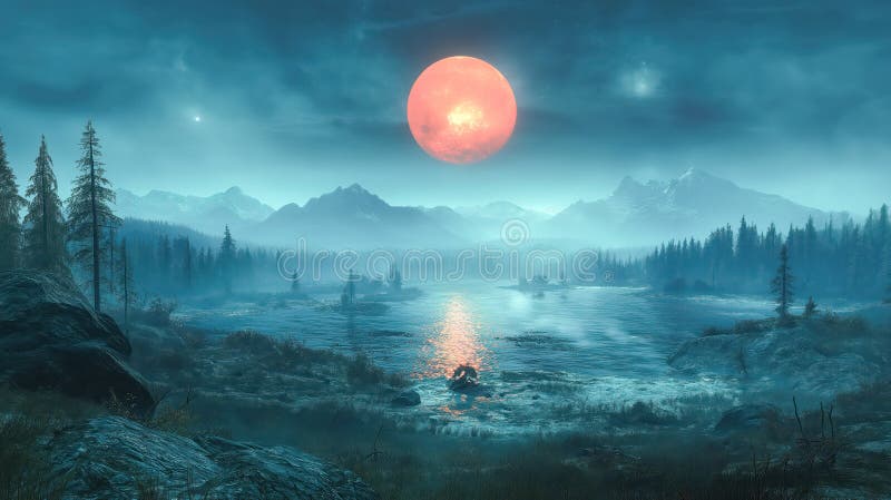 Mysterious Red Moon Over Misty Lake with Pine Trees and Mountains at ...