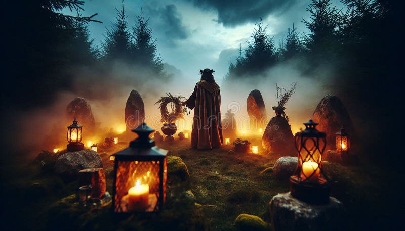 Mysterious Ritual in a Forest Setting at Dusk Stock Illustration ...