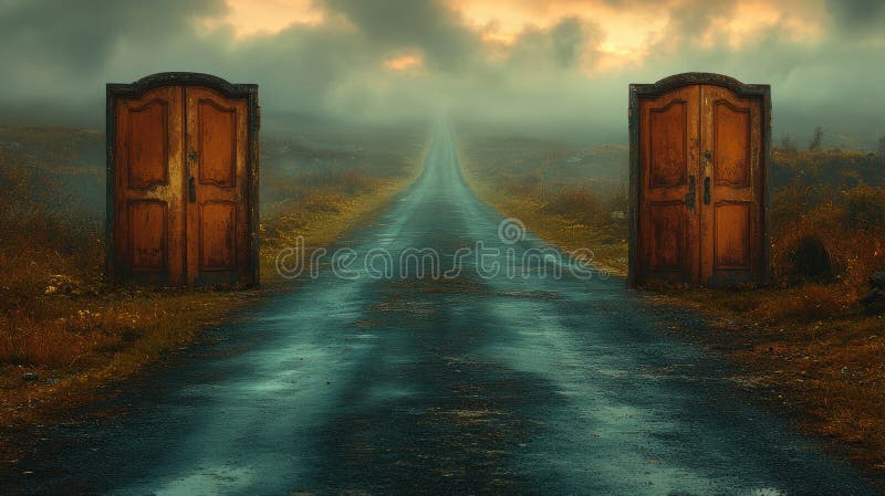 Mysterious Road Flanked by Open Wooden Doors Stock Photo - Image of ...