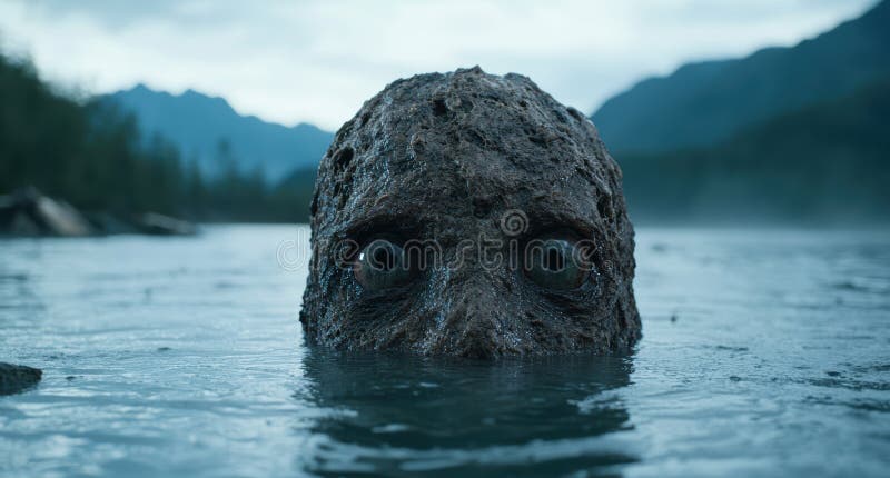 Mysterious Rock Creature in Serene Lake Stock Illustration ...