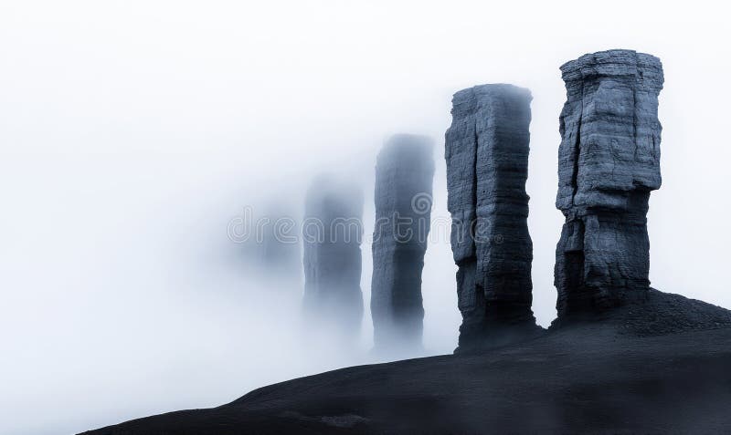 Mysterious Rock Pillars Emerging from Dense Fog Stock Illustration ...