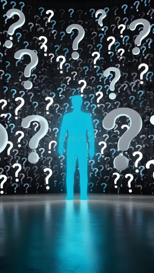 Mysterious Room with Floating Question Marks, Illuminated by a Blue ...