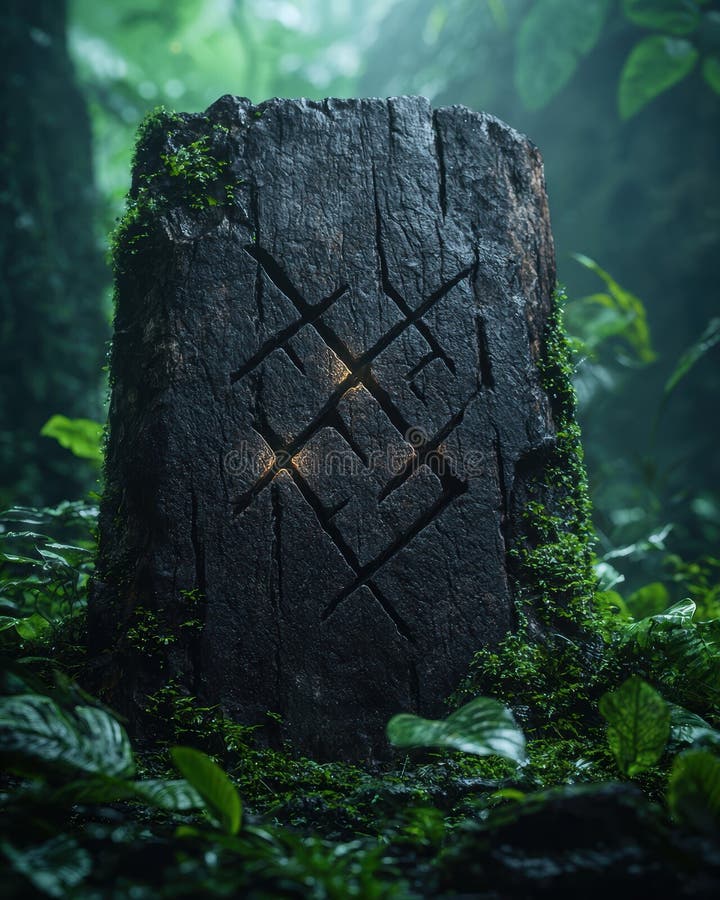 Mysterious Rune Stone in Lush Forest Stock Illustration - Illustration ...
