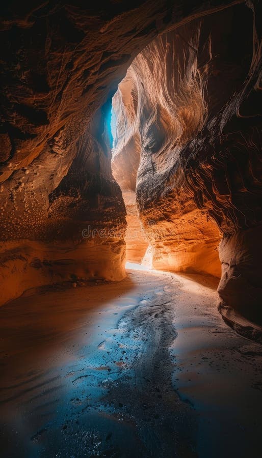 Mysterious Sandstone Tunnel Unveiling a Vast Underground Cavern with Enigmatic Lighting and ...
