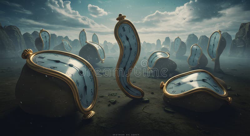 Surreal Melting Clocks in a Desolate Landscape: 3D Render Stock ...