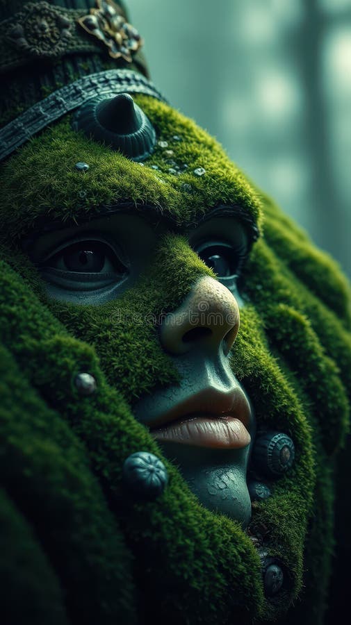 Mysterious Sculpture Covered in Moss in a Forest, Evoking an Ancient ...
