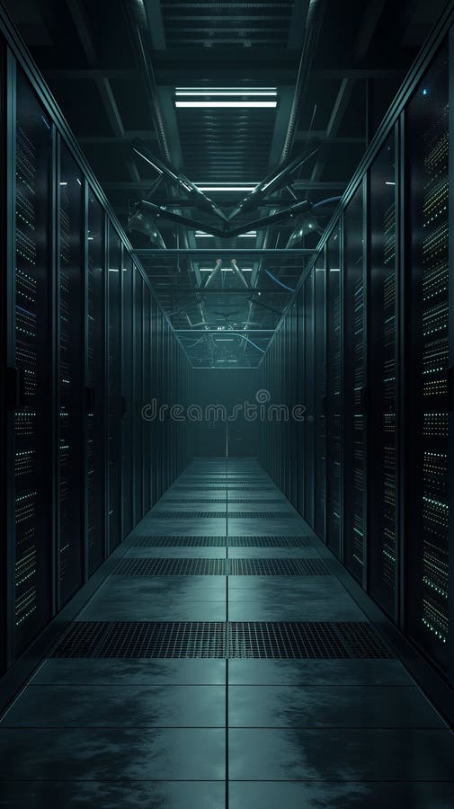 Mysterious Server Room Corridor with Glowing Racks and Shadows. Stock ...