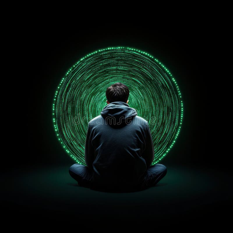 Mysterious Shadowy Figure Hunched Over Glowing Computer Screen Stock ...