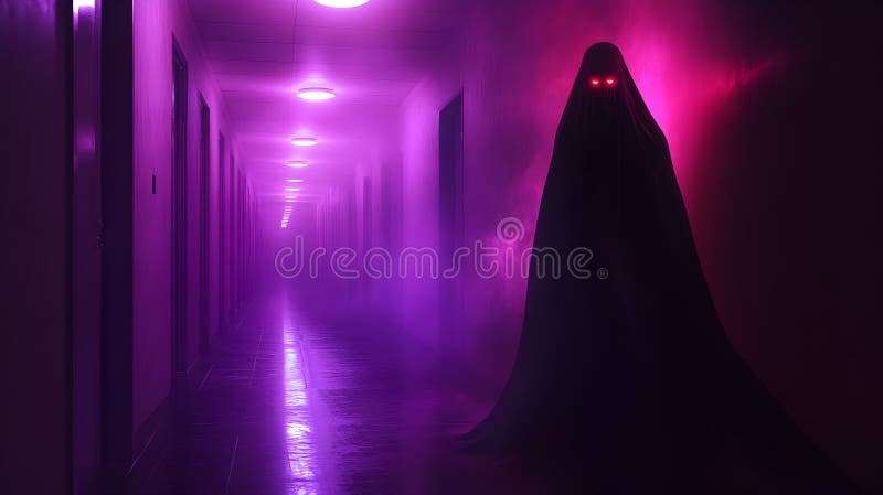 Mysterious Shadowy Figure in Purple-lit Hallway with Eerie Atmosphere ...