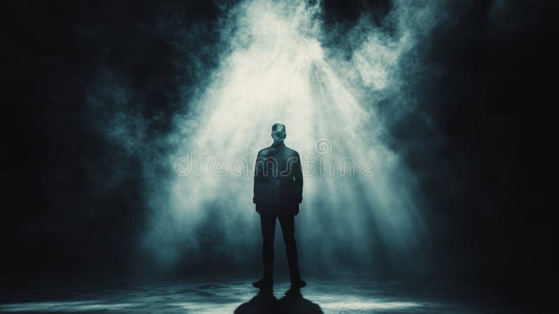 Mysterious Silhouette of a Lone Man Under a Powerful Light Beam ...