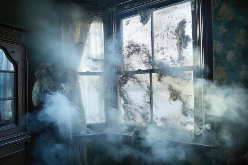 Mysterious Smoke Drifting from a Cracked Window Stock Illustration ...