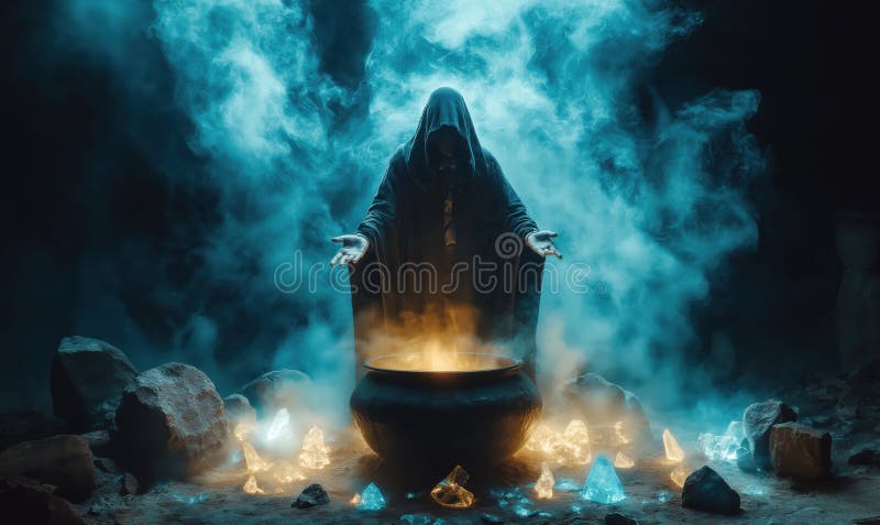 Mysterious Sorceress Conjuring Magic in Dark Cave with Glowing Crystals ...