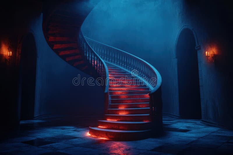 Mysterious Spiral Staircase in Dark Gothic Hallway with Ambient ...