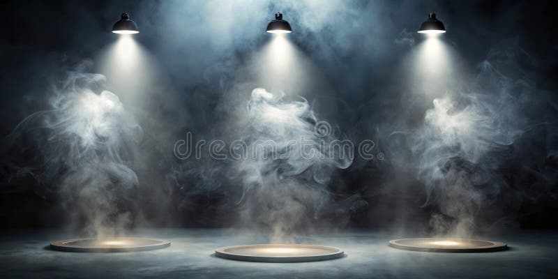 Mysterious Stage Setting with Three Illuminated Platforms and Smoky ...