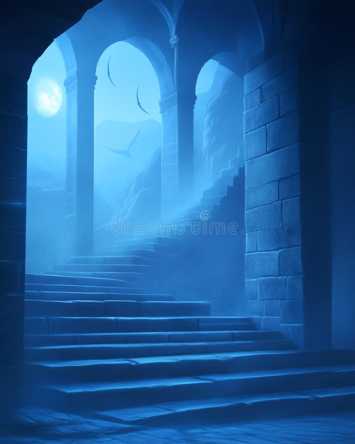 Mysterious Staircase in an Ancient Castle Under Moonlight Stock ...