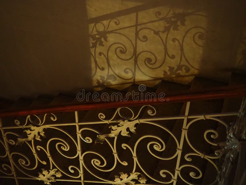Mysterious Staircase with a Forged Metal Railing at Night in the Dark ...