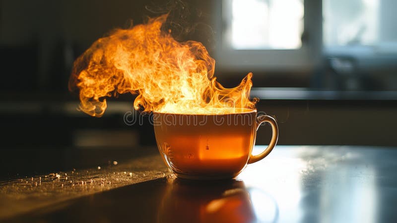Mysterious Steaming Mug with Flames in Dark Kitchen Setting Stock Photo ...
