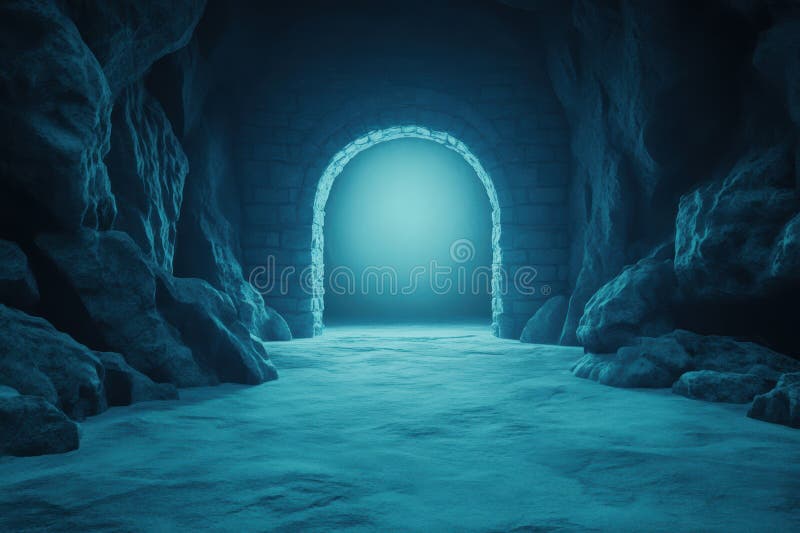 Mysterious Stone Cave with Illuminated Archway Stock Photo - Image of ...